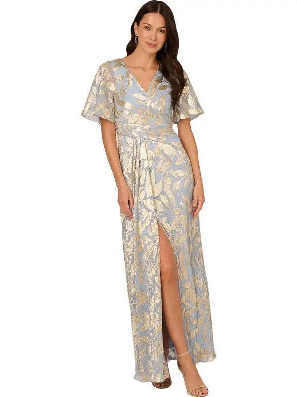 Adrianna Papell Foil Leaf Short Sleeve Gown With Draped Details - Light Blue/gold