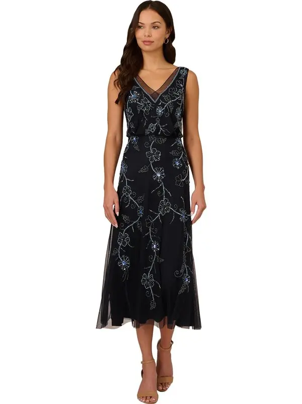 Adrianna Papell Sleeveless Beaded Blouson Midi Dress - Midnight Multi