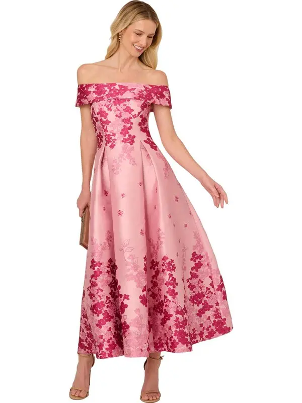 Adrianna Papell Floral Jacquard Off-the-shoulder Ankle Length Dress - Pink Multi