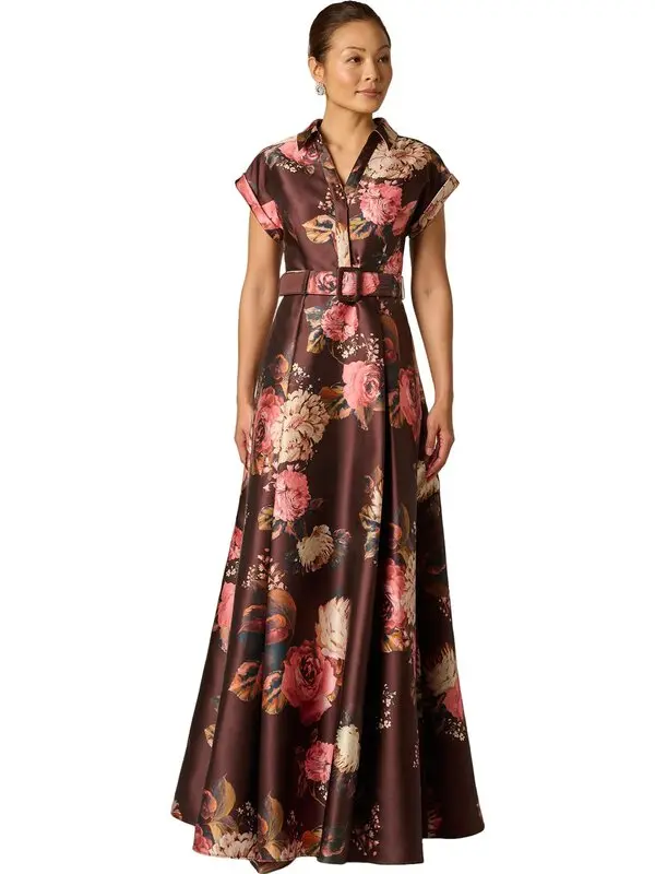 Adrianna Papell Short Sleeve Rose Floral Ballgown - Brown Multi