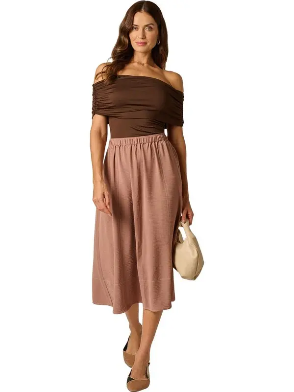 Adrianna Papell Airflow Topstitch A-line Midi Skirt - Chocolate Malt/cream