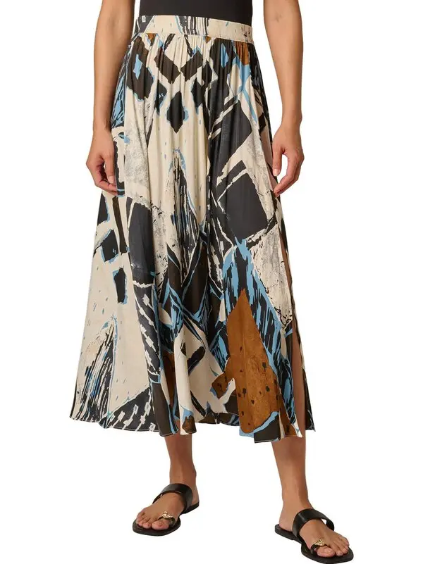 Adrianna Papell Printed Side Slit A-line Midi Skirt - Blue Diamond Tiki