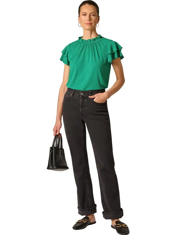 Adrianna Papell Double Flutter Sleeve Ruffle Neck Top - Vivid Green Broken Dot