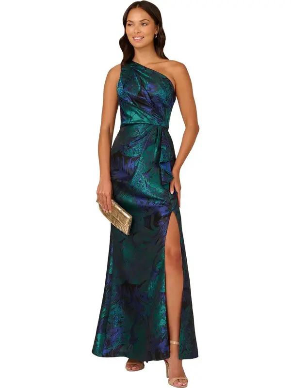 Adrianna Papell One Shoulder Jacquard Mermaid Gown With Drape Detail - Cobalt/teal