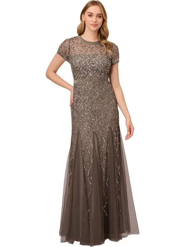 Adrianna Papell Cap Sleeve Beaded Gown - Lead