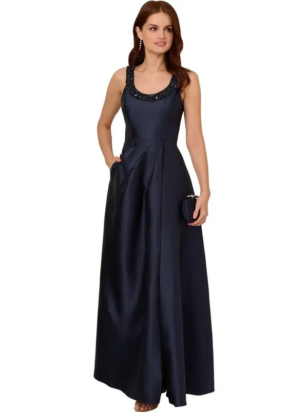 Adrianna Papell Sleeveless Beaded Mikado Fit And Flare Gown - Midnight