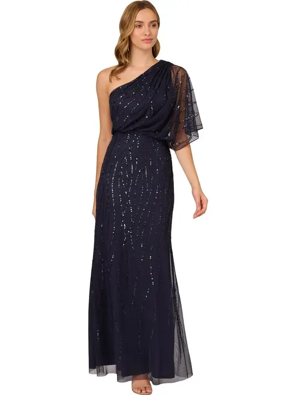 Adrianna Papell Draped One-shoulder Dress With Sequin Detail - Dusty Navy