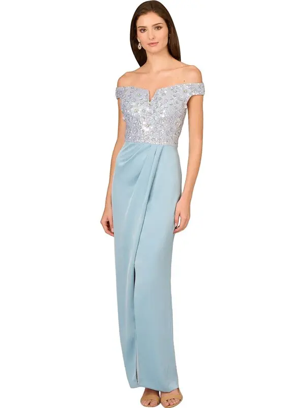 Aidan Mattox Off-shoulder Beaded Satin Gown - Clear Water