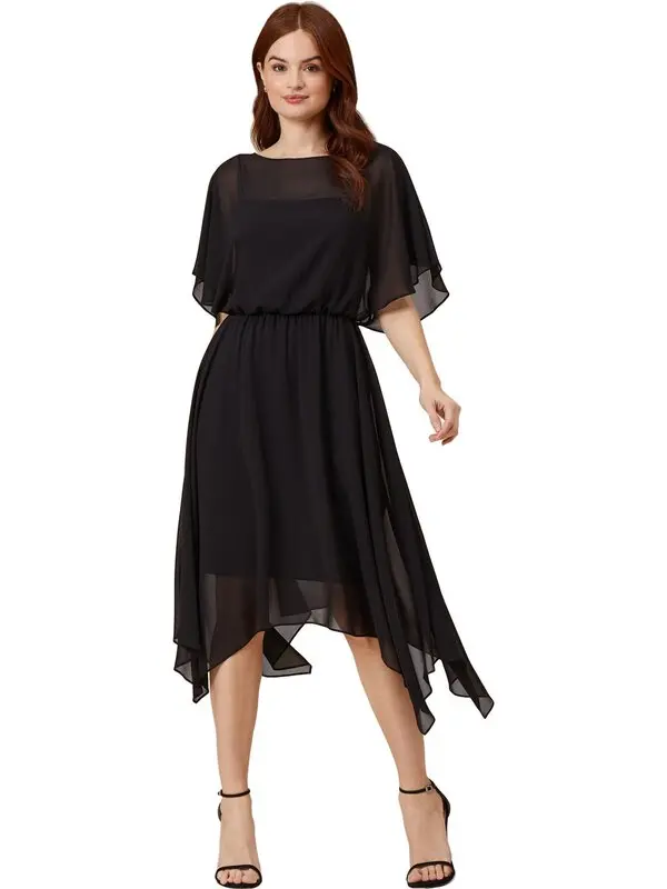 Adrianna Papell Chiffon Blouson Midi Dress With Flutter Sleeves - Black