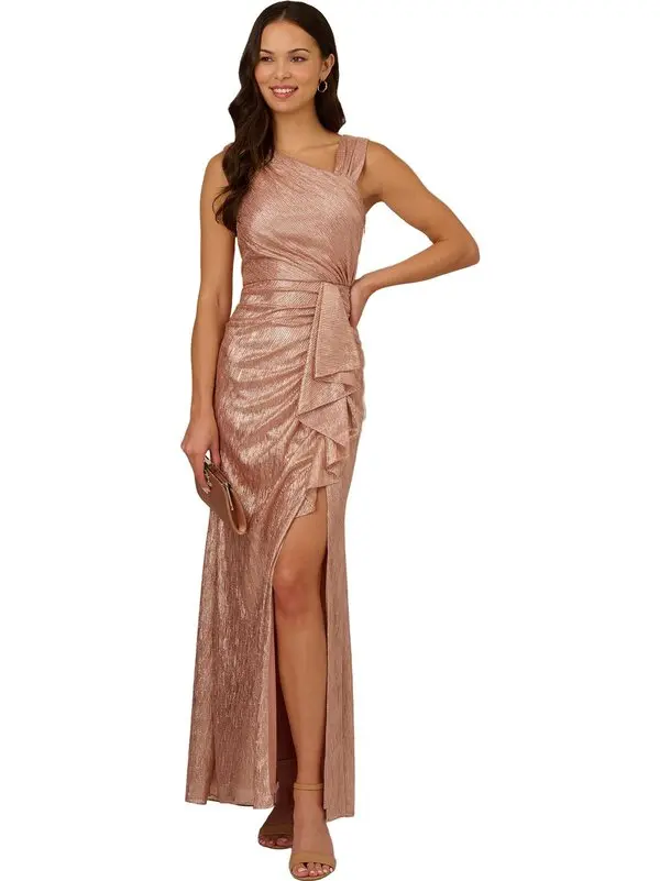 Adrianna Papell Draped Metallic Foil Long Dress - Rose Gold
