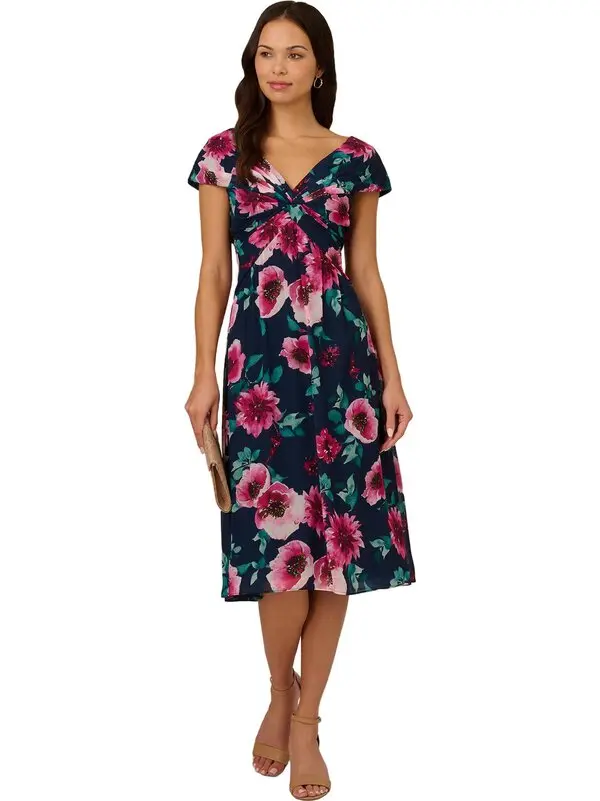 Adrianna Papell Floral Chiffon A-line Midi Dress With Cap Sleeves - Navy/pink Multi