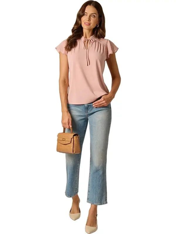 Adrianna Papell Flutter Sleeve Tie Collar Yoke Top - Rose Dust