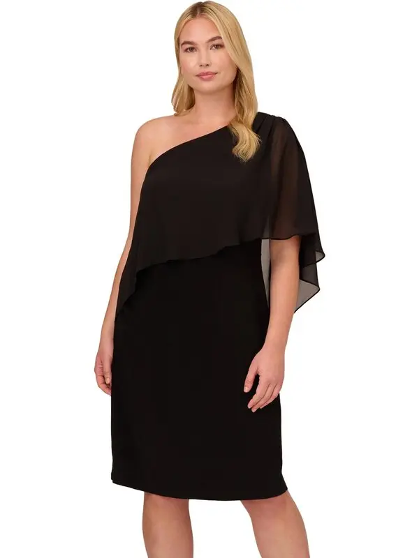 Adrianna Papell One Shoulder Chiffon Cape Dress - Black