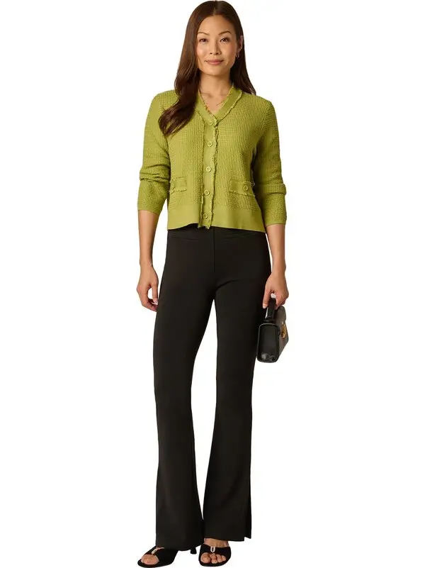 Adrianna Papell Waffle Knit Cardigan With Frayed Edges - Apple Green