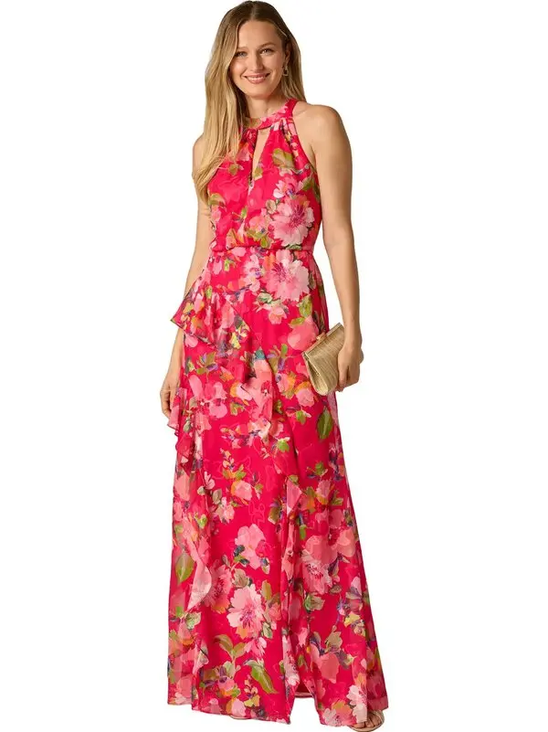 Adrianna Papell Floral Chiffon Keyhole Halter Maxi Dress - Pink Multi
