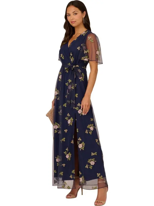 Adrianna Papell Floral Embroidered Maxi Dress With Flutter Sleeves - Navy Multi