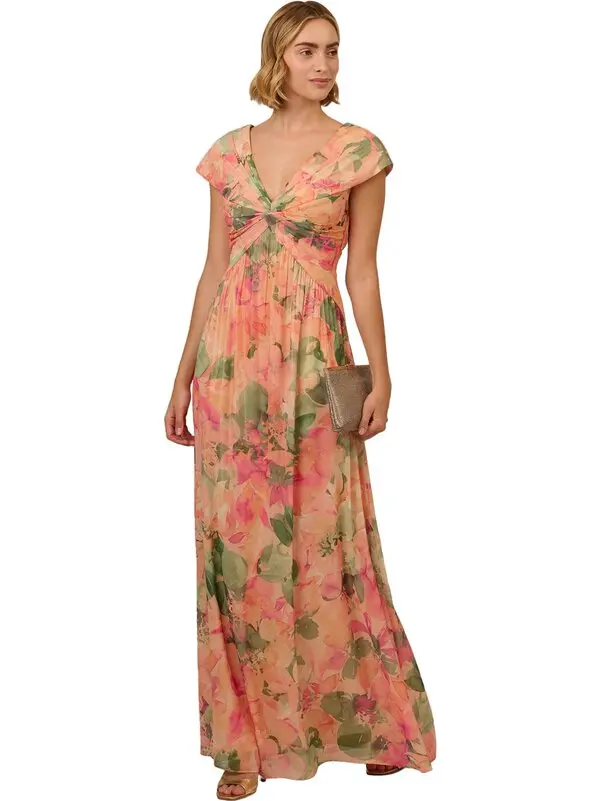 Adrianna Papell Printed Front Twist Gown - Blush Multi