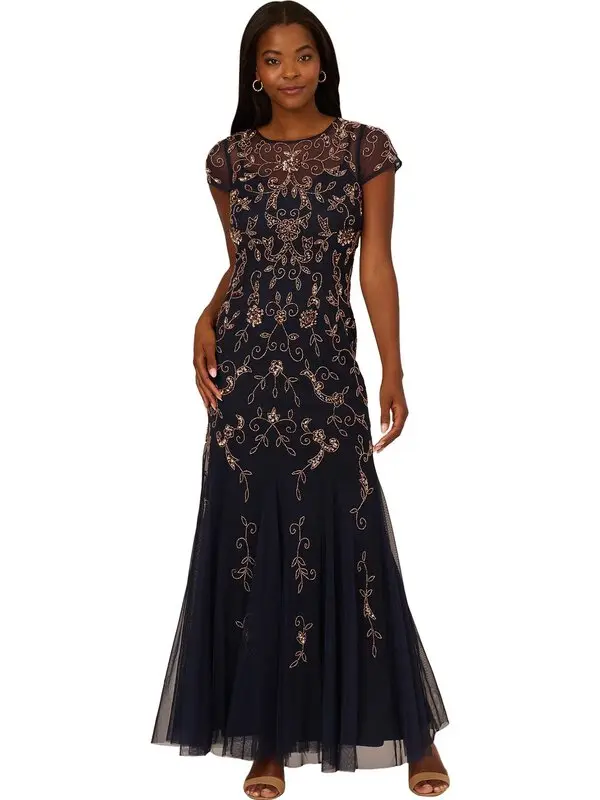 Adrianna Papell Floral Beaded Godet Gown With Sheer Neck - Navy/rosegold