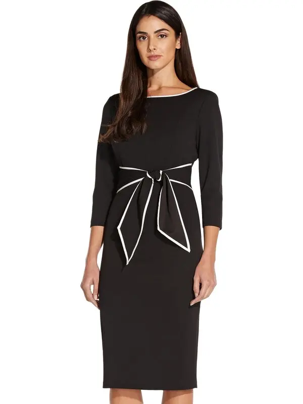 Adrianna Papell Knit Crepe Tie Midi Dress - Black/ivory