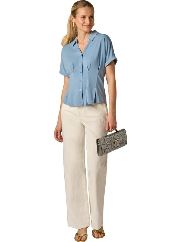 Adrianna Papell Short Sleeve Pleated Waist Blouse - Rain Washed