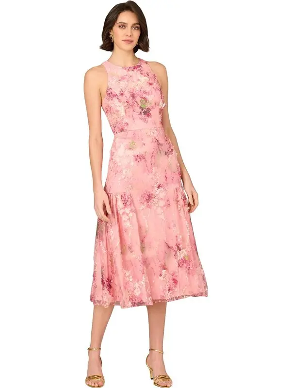 Aidan Mattox Sleeveless Embroidered Side Flounce Midi Dress - Pink Multi