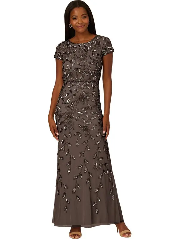 Adrianna Papell Blouson Short Sleeve Beaded Long Dress - Lead