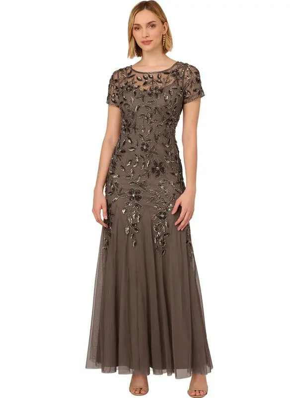 Adrianna Papell Hand Beaded Floral Godet Gown - Lead