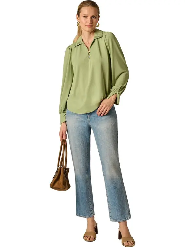 Adrianna Papell Bishop Sleeve Embroidered Blouse - Eucalyptus