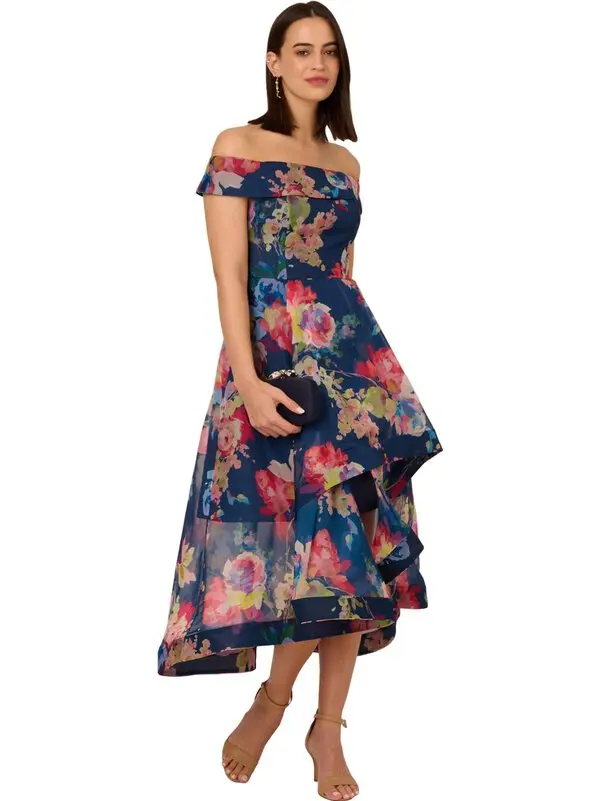 Adrianna Papell Off-shoulder Floral Organza High-low Dress - Navy Multi