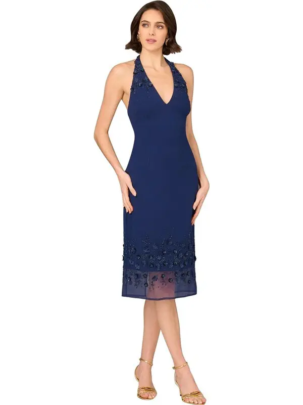 Aidan Mattox Sleeveless Beaded Halter Midi Dress - Navy