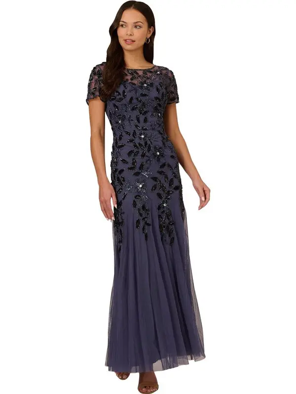 Adrianna Papell Hand Beaded Floral Godet Gown - Smoky Peri