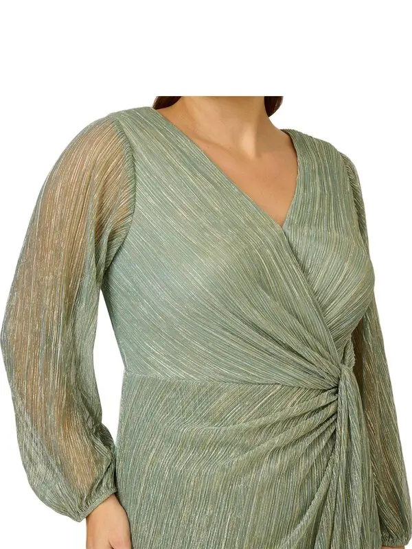 Adrianna Papell Metallic Crinkled Mesh Draped Gown - Green Slate