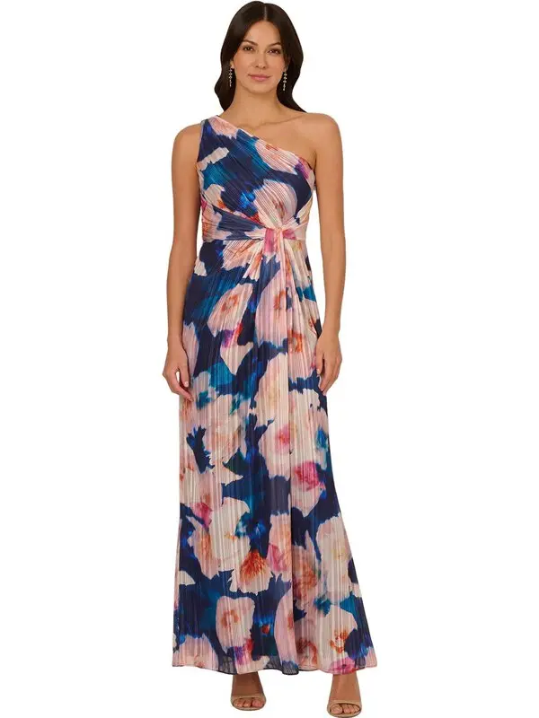 Adrianna Papell Floral Print Chiffon One Shoulder Gown - Navy/blush