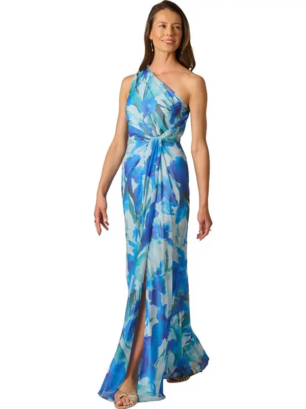 Adrianna Papell One Shoulder Floral Chiffon Draped Gown - Blue Multi