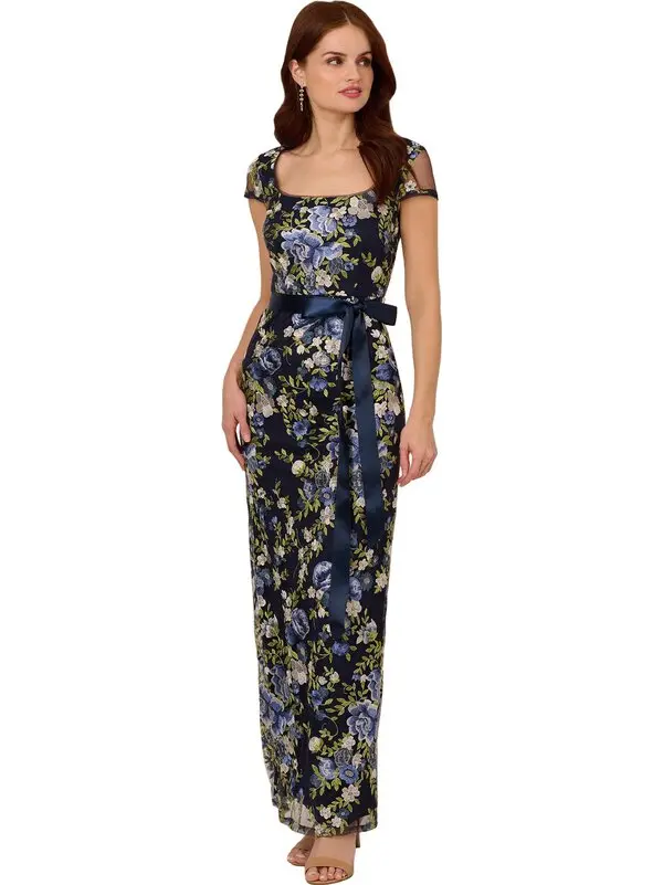 Adrianna Papell Embroidered Floral Cap Sleeve Column Gown - Navy Multi