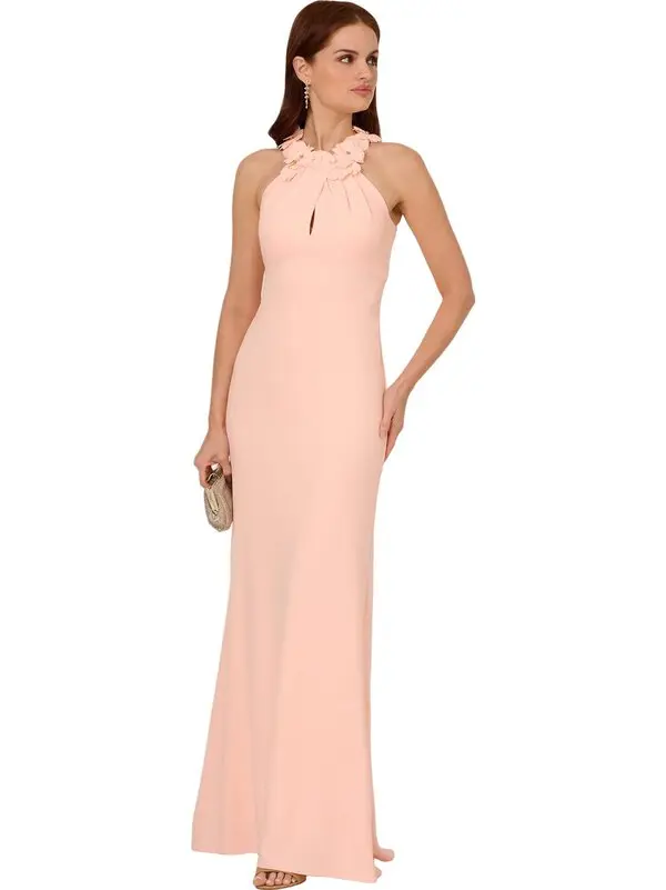 Adrianna Papell Floral Embellished Crossover Halter Gown - Peach Kiss