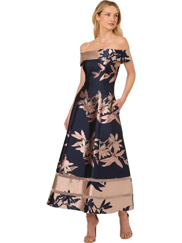 Adrianna Papell Off-shoulder Jacquard Fit And Flare Midi Dress - Navy/blush