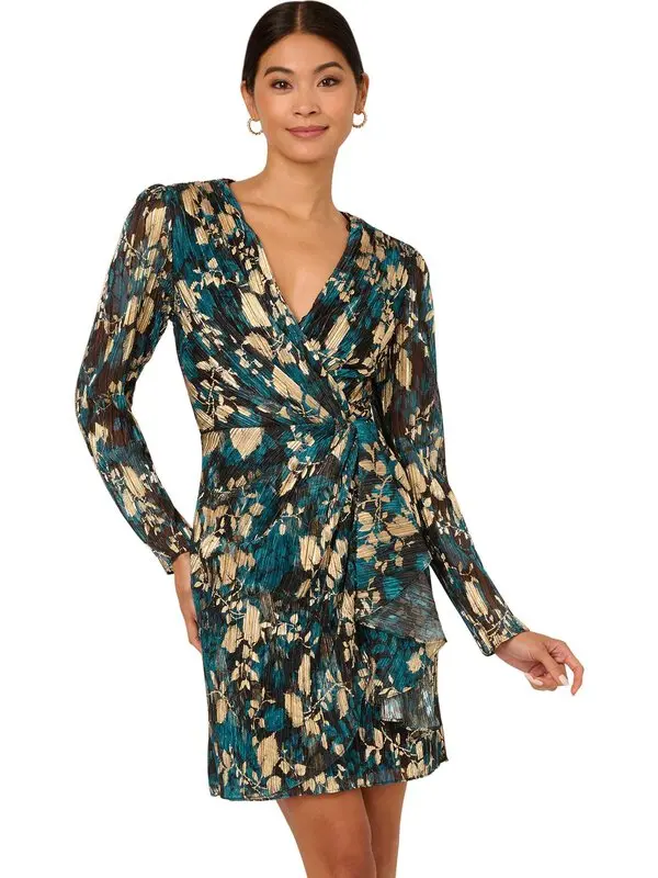 Adrianna Papell Crinkle Foil Wrap Dress - Teal Sapphire/gold