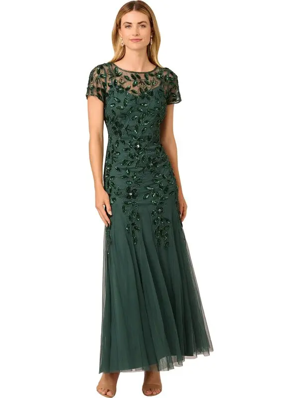 Adrianna Papell Hand-beaded Floral Godet Gown - Dusty Emerald