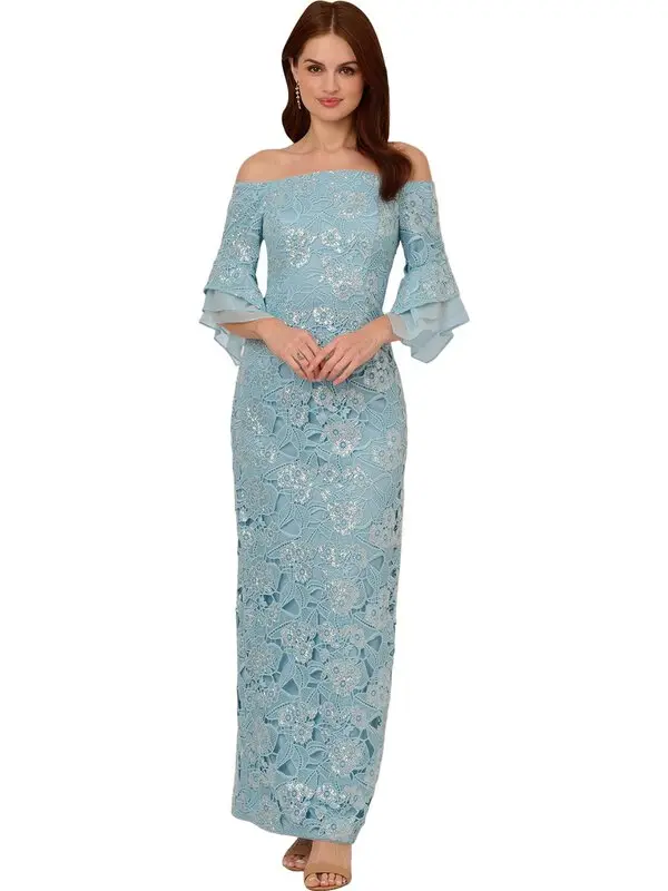 Adrianna Papell Off-shoulder Bell Sleeve Sequin Lace Gown - Airy Aqua
