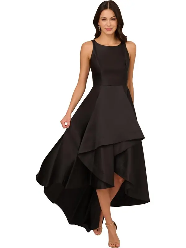 Adrianna Papell High-low Mikado Gown With Asymmetrical Detail - Black