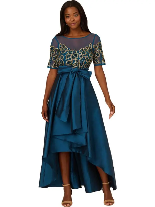 Adrianna Papell Beaded Taffeta High-low Gown - Teal Sapphire/gold