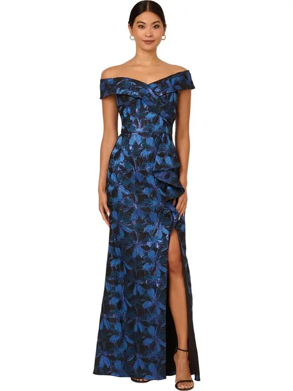 Adrianna Papell Off-the-shoulder Jacquard Gown - Blue Multi