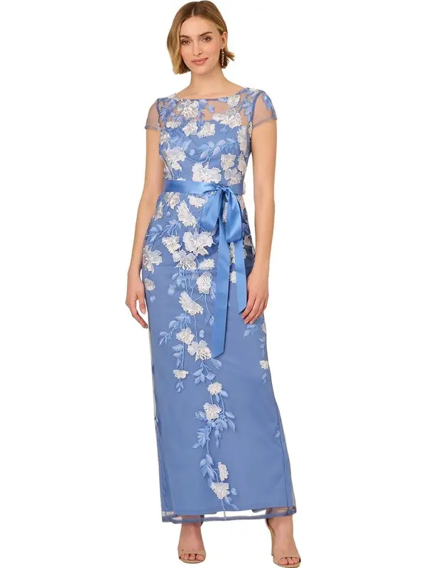 Adrianna Papell Floral Embroidered Gown With Ribbon Tie Waist - French Blue Multi