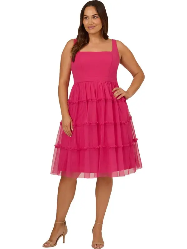Adrianna Papell Sleeveless Midi Dress With Tiered Skirt - Bright Rose