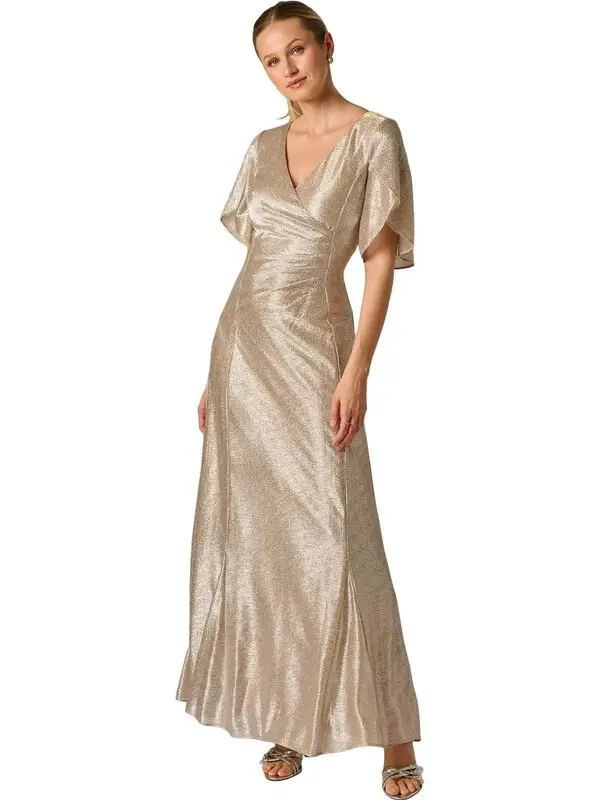 Adrianna Papell Metallic Flutter Knit Gown - Alabaster