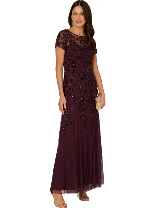 Adrianna Papell Hand Beaded Floral Godet Gown - Night Plum