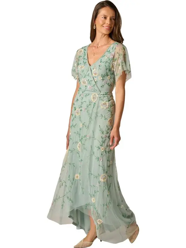 Adrianna Papell Flutter Sleeve Beaded Wrap Gown - Aqua Dust