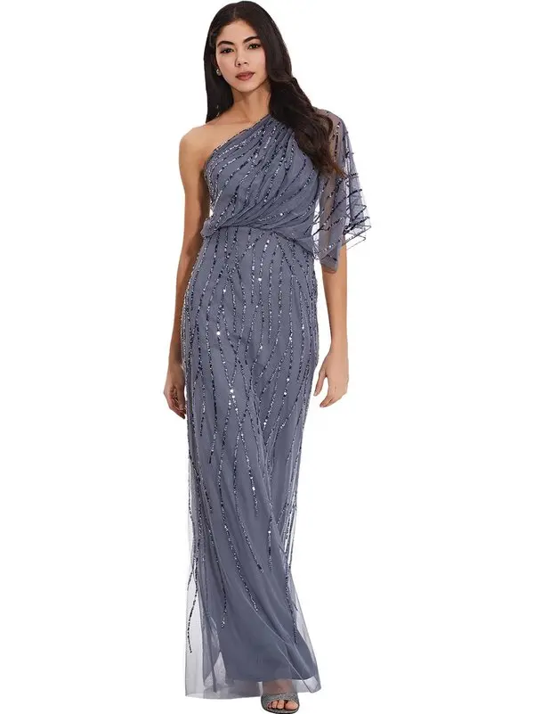Adrianna Papell Draped One-shoulder Sequin Gown - Dusty Blue