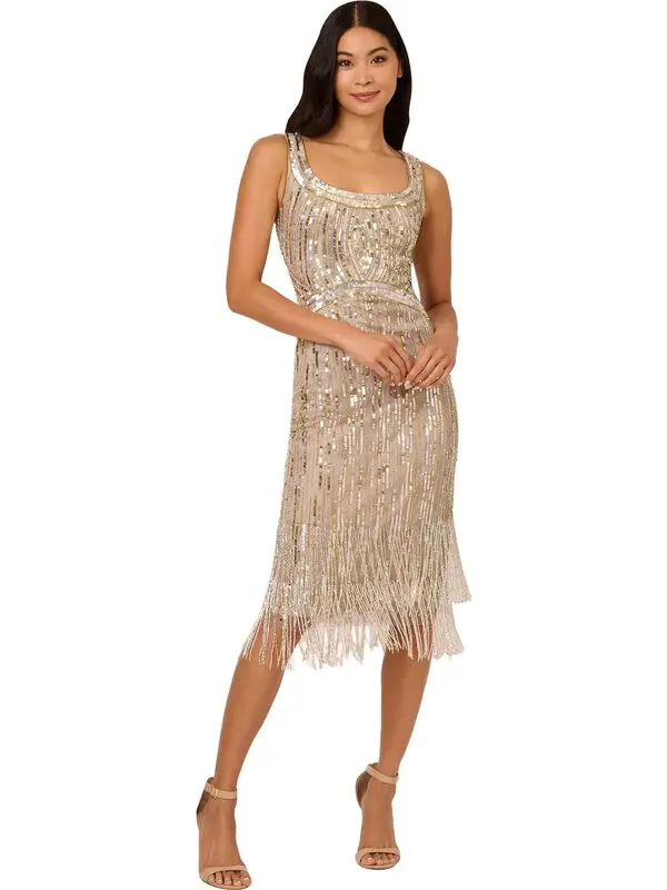 Adrianna Papell Beaded Fringe Sleeveless Cocktail Dress - Platinum